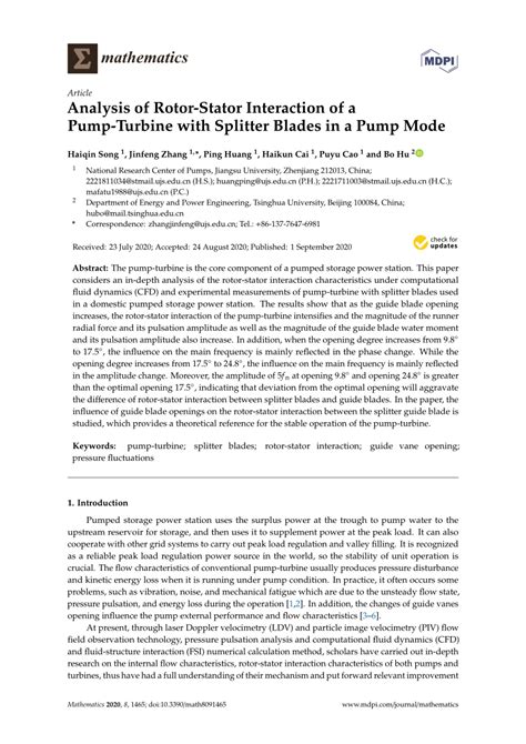 Pdf Analysis Of Rotor Stator Interaction Of A Pump Turbine With Splitter Blades In A Pump Mode