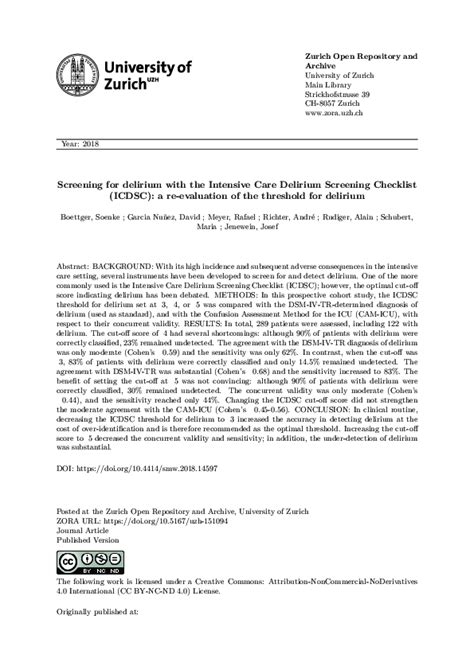 Pdf Screening For Delirium With The Intensive Care Delirium Screening