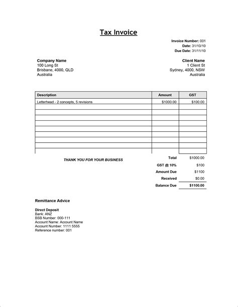 Australian Invoice Template Word PARAHYENA