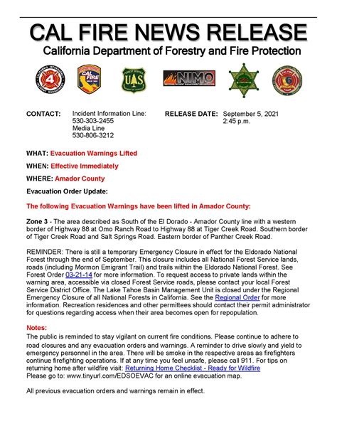 Cal Fire Caldorfire Evacuation Warnings Lifted