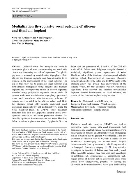 Pdf Medialization Thyroplasty Vocal Outcome Of Silicone And Titanium Implant