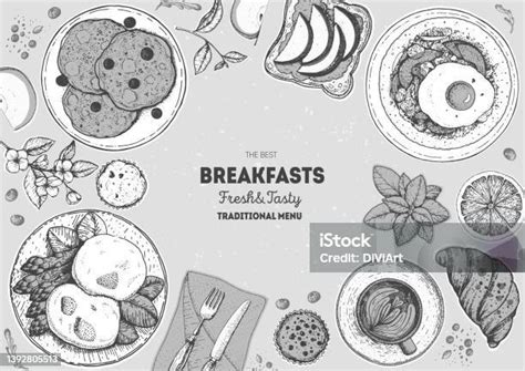 아침 식사 상단 보기 프레임 아침 음식 메뉴 디자인 아침 식사와 브런치 요리 컬렉션 빈티지 손으로 그린 스케치 벡터 일러스트 각인 된 스타일 개체 그룹에 대한 스톡 벡터