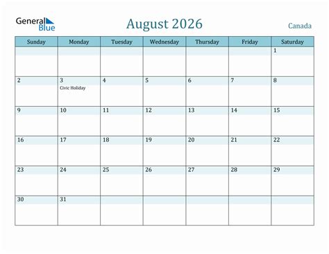 Canada Holiday Calendar For August 2026