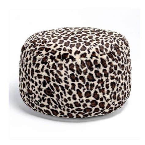 Leopard Print Faux Rabbit Fur Upholstered Round Unstuffed Pouf Ottoman