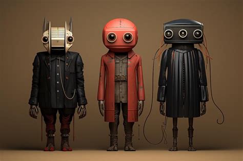 Premium Ai Image Three Robots In Coats And Helmets Stand In A Row