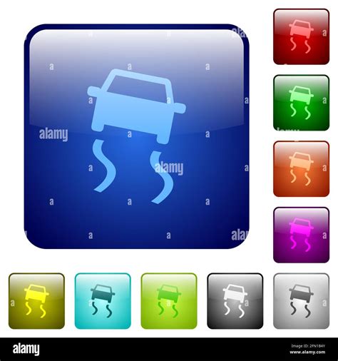 Slippery Road Dashboard Indicator Icons In Rounded Square Color Glossy Button Set Stock Vector