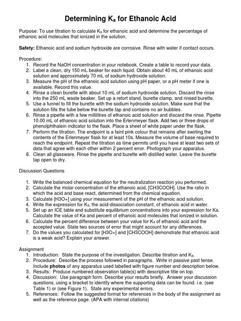 Determining Ka For Ethanoic Acid Pdf Chemistry Titration