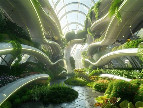 Panoramic View Of A Futuristic Greenhouse With Vertically Stacked