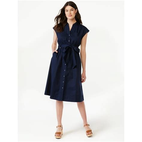 Free Assembly Womens Belted Midi Shirt Dress With Short Sleeves Sizes