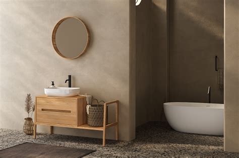 나무 세면대 욕조 테라조 바닥이 있는 베이지색 욕실 인테리어 0명에 대한 스톡 사진 및 기타 이미지 0명 3차원 형태 가구 Istock