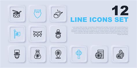 세트 라인 황금 Leprechaun 동전 맥주 한 잔 깃발 켈트 십자가 아일랜드 클로버 돈 가방 콧수염 수염 및 클로버 트레 포일 잎 아이콘과 카니발 화환 벡터 0명에 대한