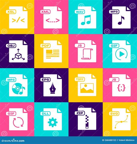Set Svg File Document Js  Wav Pdf Obj Xsl And Icon Vector Stock Vector Illustration