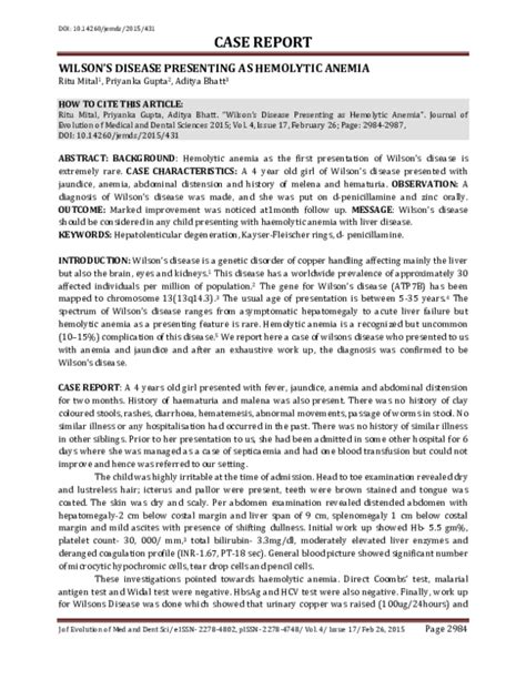Pdf Wilsons Disease Presenting As Hemolytic Anemia