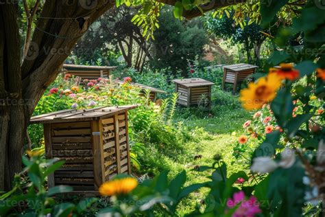 An Apiary Nestled In A Lush Garden Beehives Arranged Neatly Among
