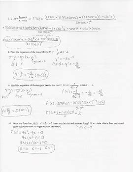Calculus Quiz Derivatives W KEY By Shannon Schmickle TpT