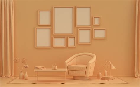 가구와 식물이있는 현대적인 인테리어 플랫 오렌지 분홍빛이 도는 컬러 룸 포스터 프리젠 테이션을위한 벽에 9 프레임갤러리 벽