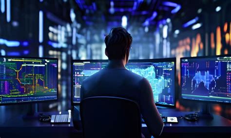 Premium Photo Skilled Programmer Analyzing Data On Multiple Monitors In Modern Tech Workspace