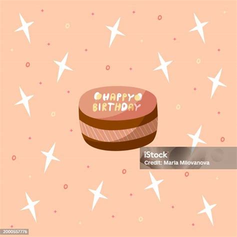 초콜릿 케이크 생일 축하 문구 및 별과 함께 손으로 그리는 엽서 핑크와 브라운 색상 생일 파티 축하 및 휴일을 위한 카드 만화 스타일의 벡터 그림입니다 0명에 대한 스톡