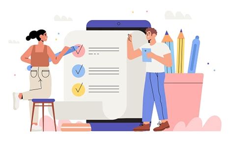 비즈니스 팀은 모바일 응용 프로그램에서 체크리스트를 작성합니다 목록 성공 적 작업 계획 임무 완전한 개념을 수행합니다 서비스에 대한 스톡 벡터 아트 및 기타 이미지 Istock