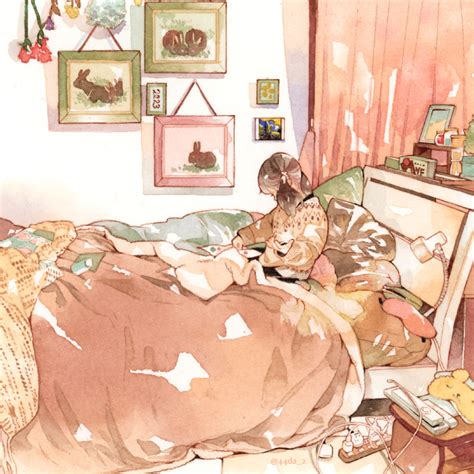 Safebooru 1girl Bed Bedroom Blanket Brown Hair Brown Sweater Cable