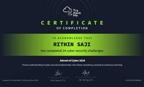 Rithin Saji On Linkedin Tryhackme Adventofcyber Cybersecurity