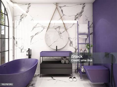 현대 목욕탕 인테리어 디자인 동향 디자인 2019의 3d 렌더링 3d 삽화 보라색에 대한 스톡 사진 및 기타 이미지 보라색 화장실 건축물 욕조 Istock