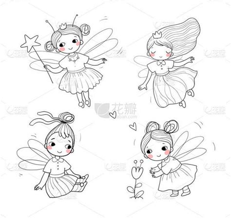 设定与可爱的卡通仙子。木头精灵。有翅膀的小女孩公主在花朵上飞翔。有趣的瓢虫。矢量说明