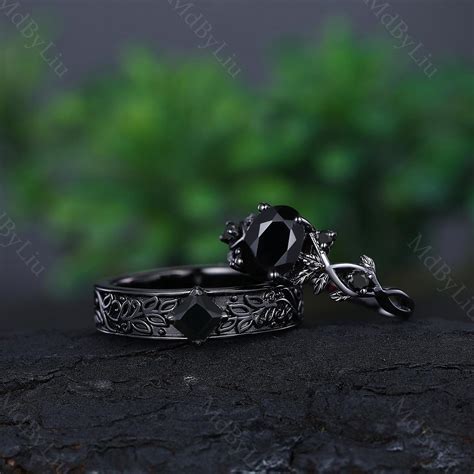 Retro Black Onyx Couple Rings Handmade Ring Leaf Inspired Wedding Rings