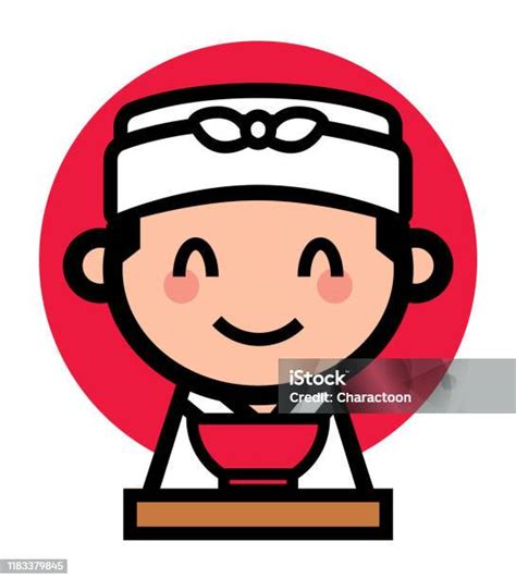 귀여운 일본 요리사와 행복한 미소와 일본 국수 수프 벡터 마스코트 캐릭터 일러스트의 그릇을 들고 고기에 대한 스톡 벡터 아트 및 기타 이미지 Istock