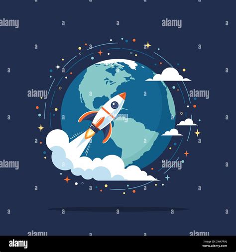 Rocket Flying Around Earth Globe In Space Flat Vector Illustration Stock Vector Image And Art Alamy