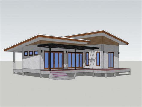 แบบบ้านทรงตัวแอลยกพื้นต่ำ ผนังปูนเปลือย 2 ห้องนอน 1 ห้องน้ำ พร้อมเฉลียงหน้าบ้าน พื้นที่ใช้สอย