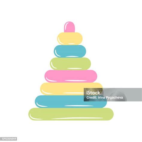 흰색 배경에 고립 된 손으로 그린 어린이 플라스틱 장난감 피라미드 심플한 플랫 스타일로 일러스트레이션 그것은 직물 종이 및 기타