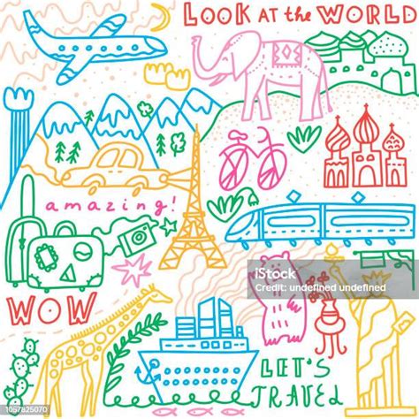 레터링 세트 여행 손으로 그린 벡터 일러스트 레이 션 낙서 스타일입니다 인기 있는 세계 기호 관광 및 여행 지도에 대한 스톡 벡터 아트 및 기타 이미지 Istock