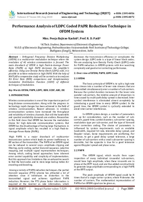 Pdf Irjet Performance Analysis Of Ldpc Coded Papr Reduction Technique In Ofdm System