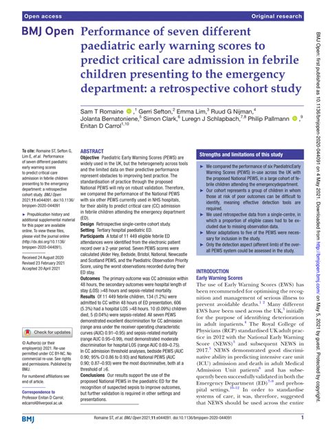 Pdf Performance Of Seven Different Paediatric Early Warning Scores To Predict Critical Care