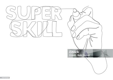 펠트 팁 펜으로 쓴 슈퍼 스킬 단어의 연속 한 줄 얇은 선 그림 벡터 개념입니다 윤곽 그리기 창의적인 아이디어 개발에 대한 스톡