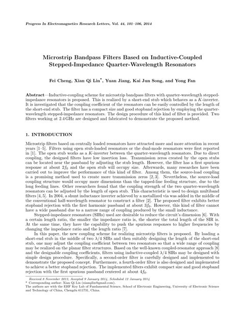 Pdf Microstrip Bandpass Filters Based On Inductive Coupled Stepped Impedance Quarter