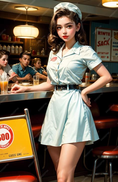 Pinup Waitress In Retro Cafe Beautiful Girl 1950s And 1940s Fashion
