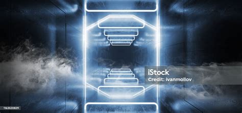연기 공상 과학 Fi 미래 지향적 인 네온 블루 라이트 빛나는 레이저 터널 룸 지하 우주선 어두운 빈 그런지 콘크리트 반사 가상 현실 그래픽 배경 3d 렌더링 0명에 대한