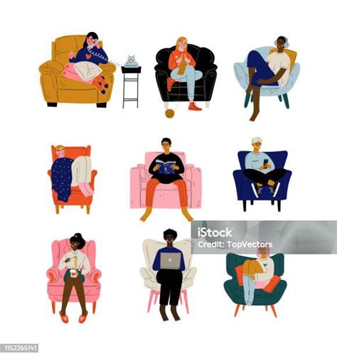 편안한 안락의 자 세트에 집에 앉아있는 사람들 남성과 여성은 휴식 식사 노트북에서 작업 뜨개질 독서 전화에 얘기 벡터 일러스트 소파에 대한 스톡 벡터 아트 및 기타 이미지