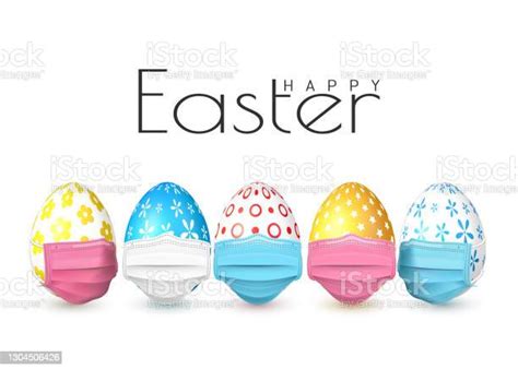 행복한 부활절 흰색 배경에 의료 얼굴 마스크에 색상 부활절 달걀 벡터 일러스트레이션 개체 그룹에 대한 스톡 벡터 아트 및 기타