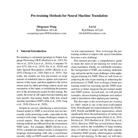 Pre Training Methods For Neural Machine Translation Acl Anthology