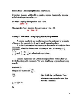 Simplifying Rational Expressions Lesson Plan By Square Root Lessons
