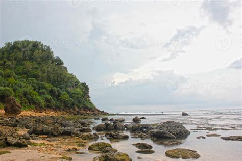 Rocky Beach Beach With Many Rocks And Corals Blue Sky Background And