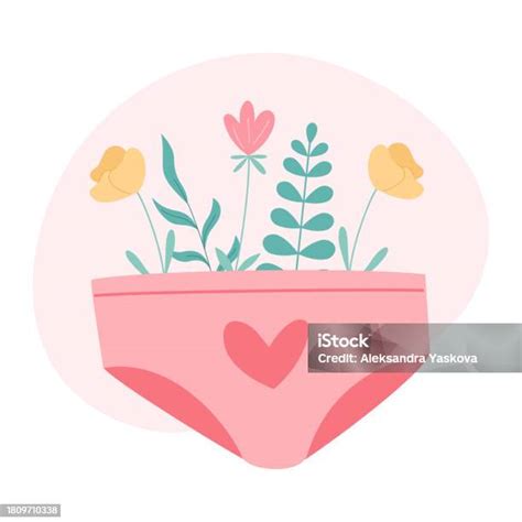 여자는 꽃과 나뭇잎이 튀어 나온 팬티 여성 생리 기간 친밀한 위생 관리 벡터 일러스트 레이 션 성건강에 대한 스톡 벡터 아트 및 기타 이미지 Istock