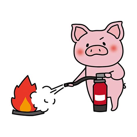 消火器を使って消火の練習をするぶたの無料フリーイラスト かわいい手描きの無料素材「てがきっず」保育園・小学校・介護施設にぴったりの