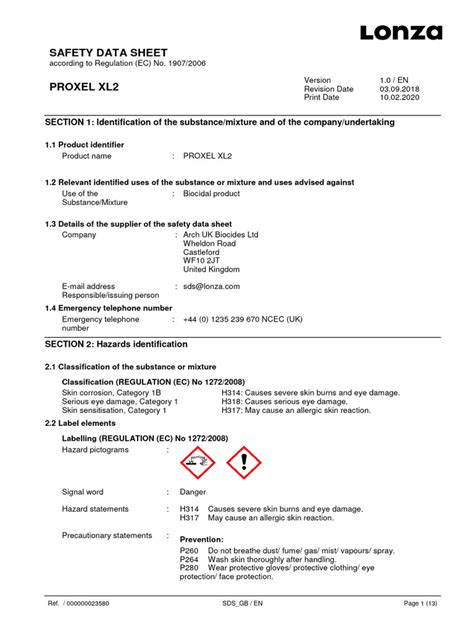 Proxel Xl2 Msds Pdf Dangerous Goods Toxicity