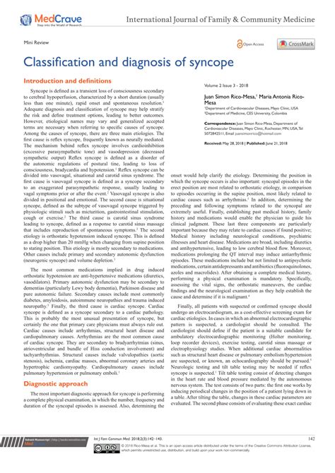 Pdf Classification And Diagnosis Of Syncope