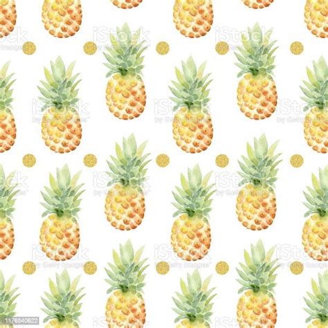 흰색에 고립 된 금 점이있는 열대 수채화 파인애플 원활한 패턴 0명에 대한 스톡 벡터 아트 및 기타 이미지 0명 건강한