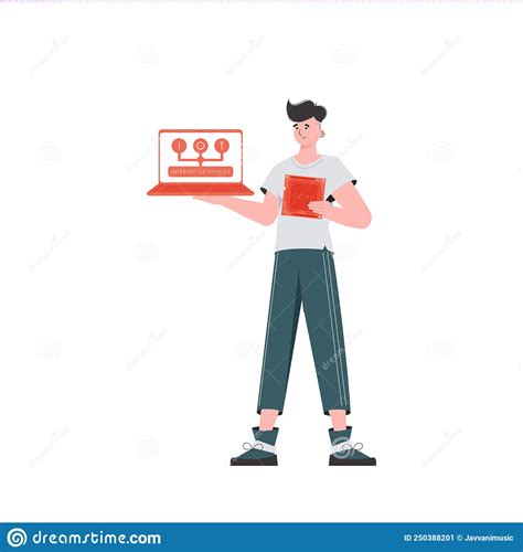 A Man Holds A Laptop And A Processor Chip In His Hands Iot Concept Isolated Vector